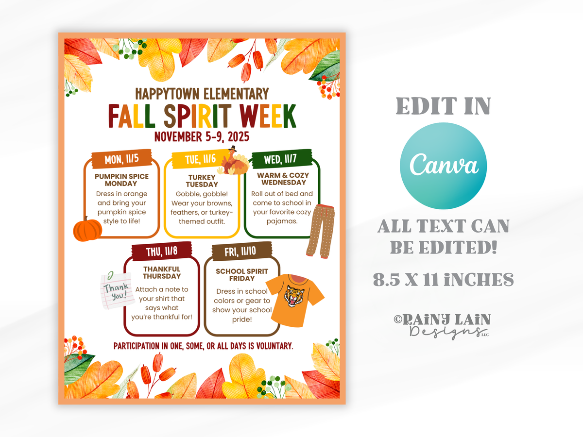 Fall School Spirit Week Flyer, PTO Templates, Editable in Canva – Rainy ...