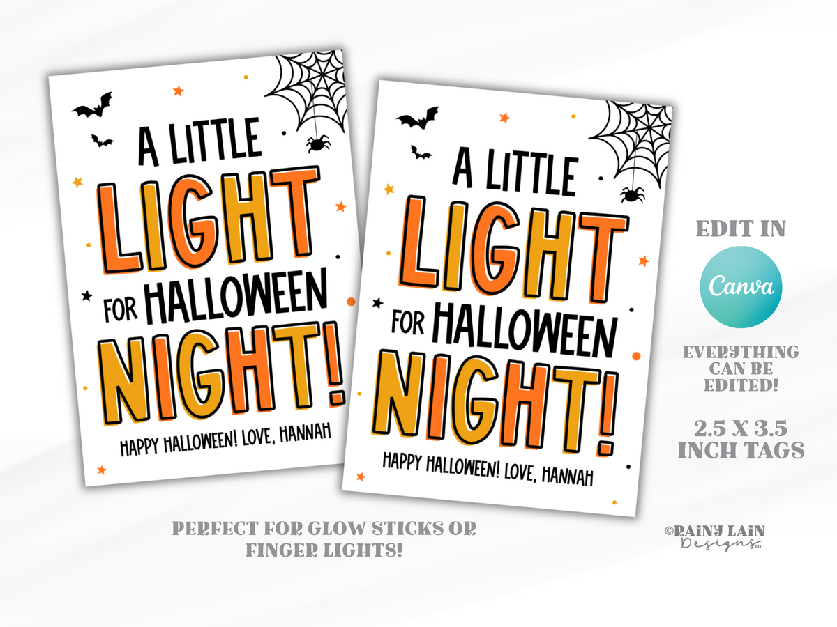 Light for Halloween Night Tag, Glow Stick Favor, Editable Printable Ca ...
