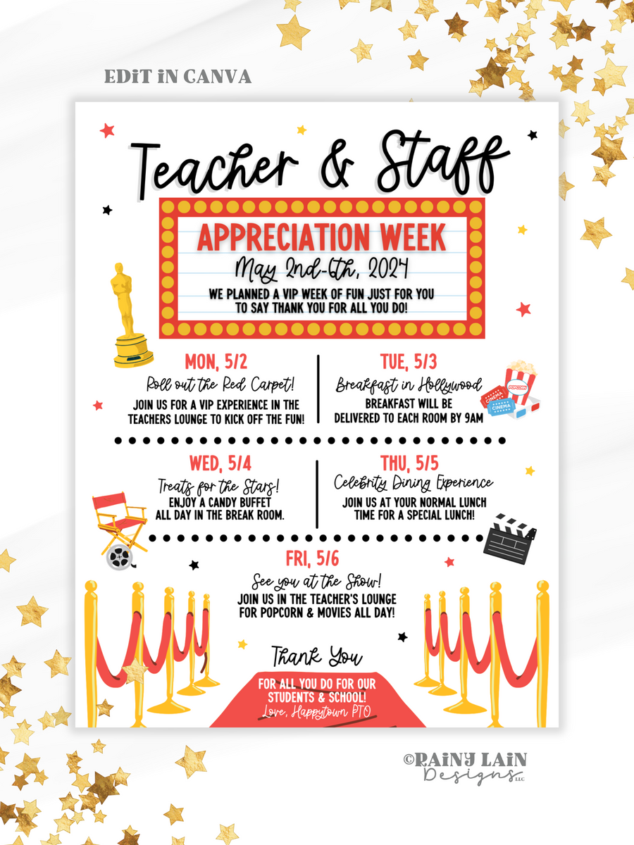 Editable Teacher Appreciation Week Flyer Template, Hollywood Theme, Mo ...