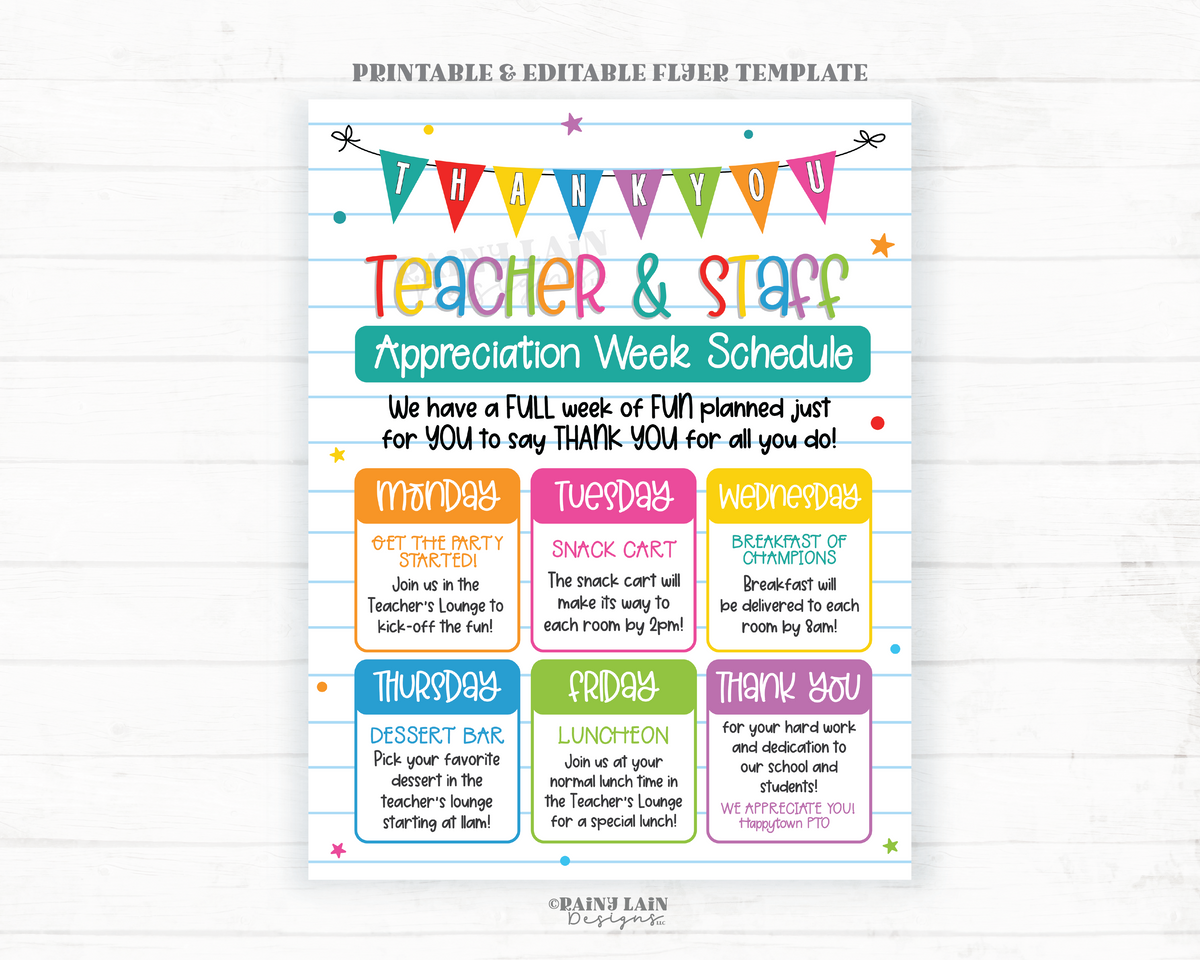 Teacher Appreciation Week Schedule, Editable Flyer, Staff Appreciation ...