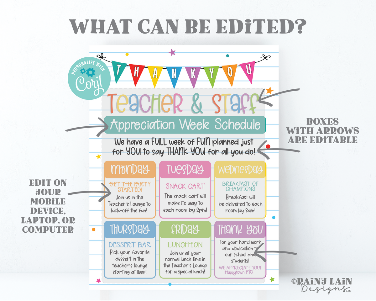 Teacher Appreciation Week Schedule, Editable Flyer, Staff Appreciation ...