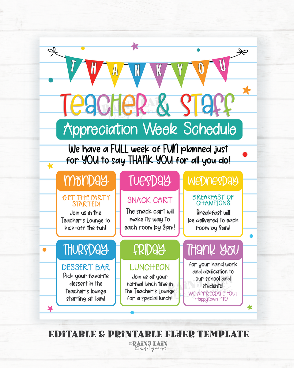 Teacher Appreciation Week Schedule, Editable Flyer, Staff Appreciation ...