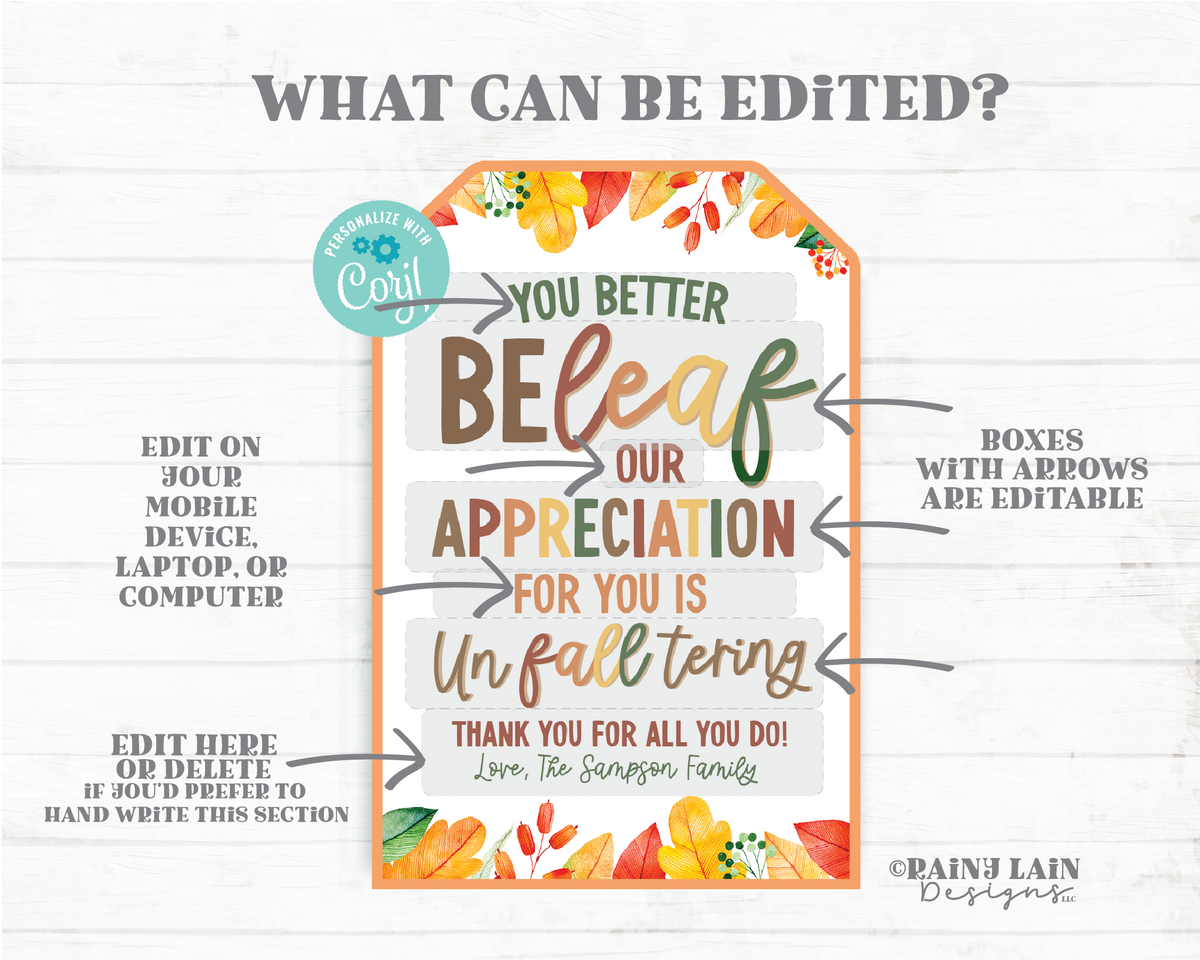 Editable Fall Gift Tag Template, Autumn Appreciation Favor, Beleaf, Th ...