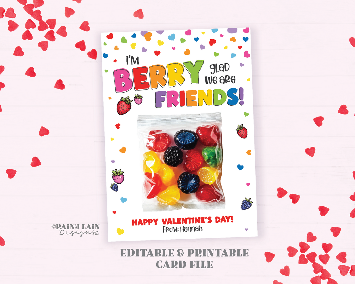 Printable Fruit Snack Valentine Card, Berry Happy Valentine, Friend, C ...