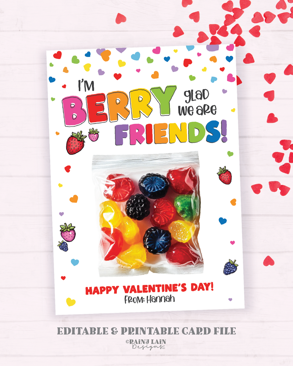 Printable Fruit Snack Valentine Card, Berry Happy Valentine, Friend, C ...