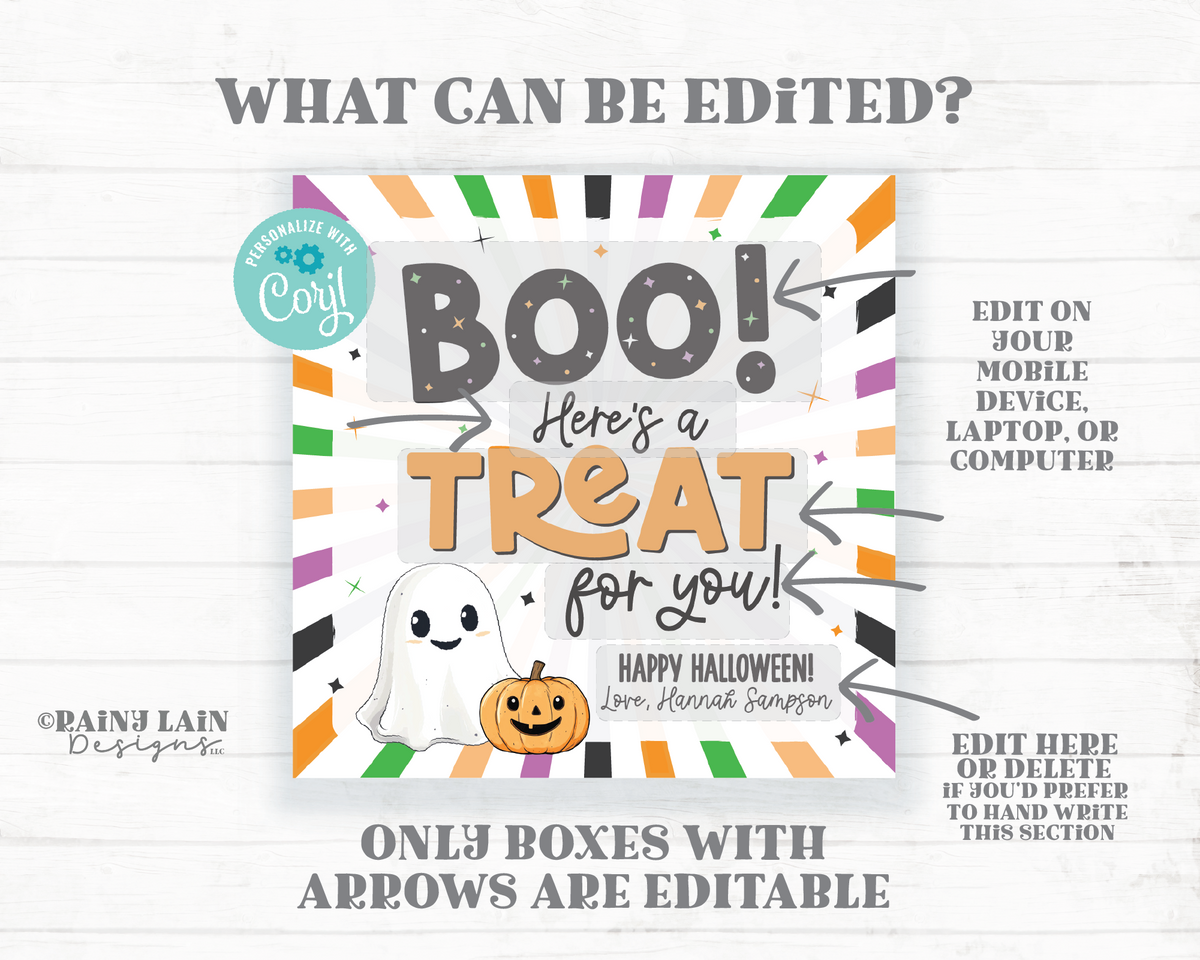Editable Halloween Tag, Boo Here's a Treat for you Favor Trick Or Trea ...