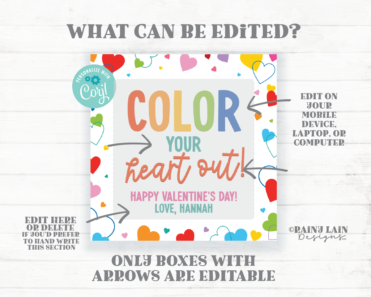 Crayons Valentine, Color Your Heart Out Gift Tag, Coloring Book, Marke ...