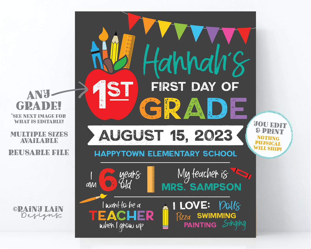 First day of 1st Grade Editable Sign Template Back to School Preschool ...