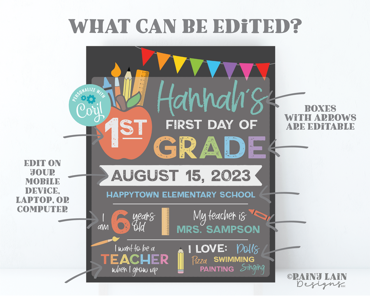 First day of 1st Grade Editable Sign Template Back to School Preschool ...