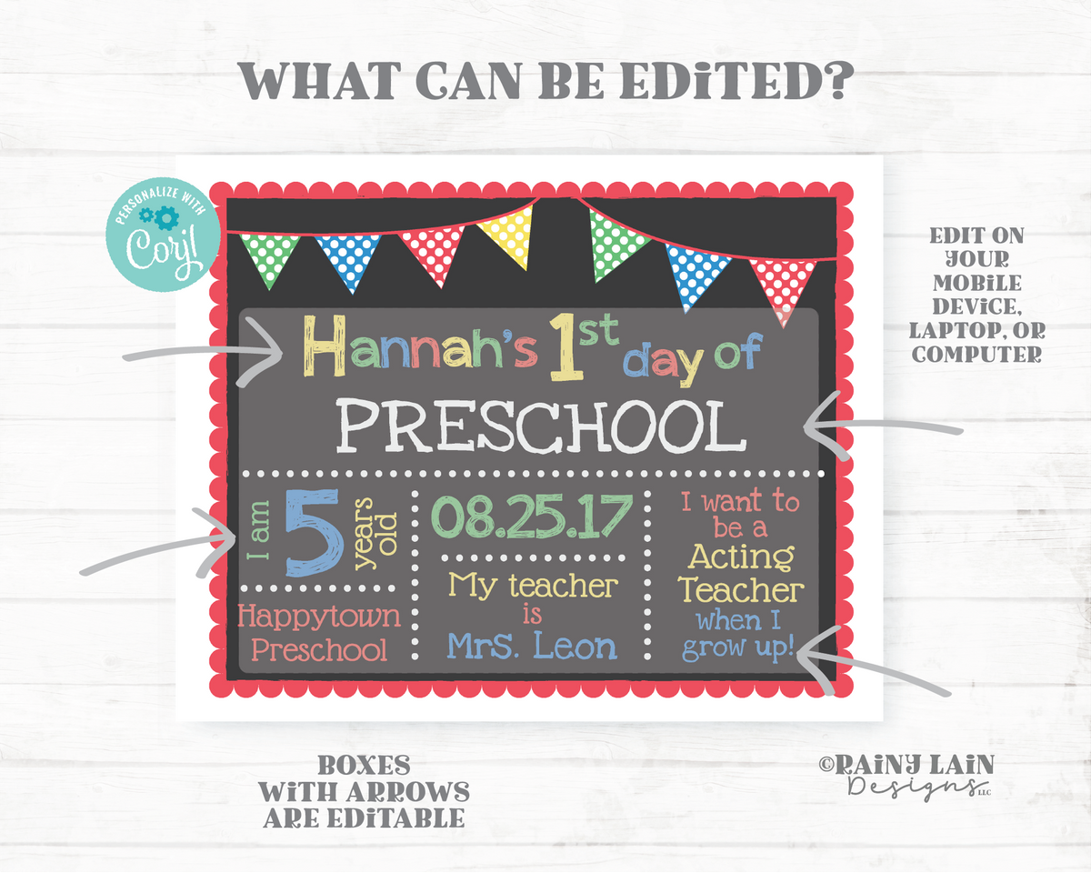 First day of school sign Editable Template 1st day of Preschool Chalkb ...