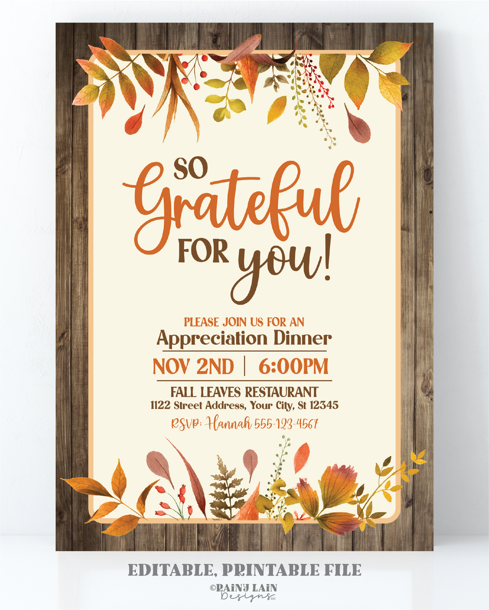 Editable Fall Appreciation Invitation Template, Printable Thanksgiving ...