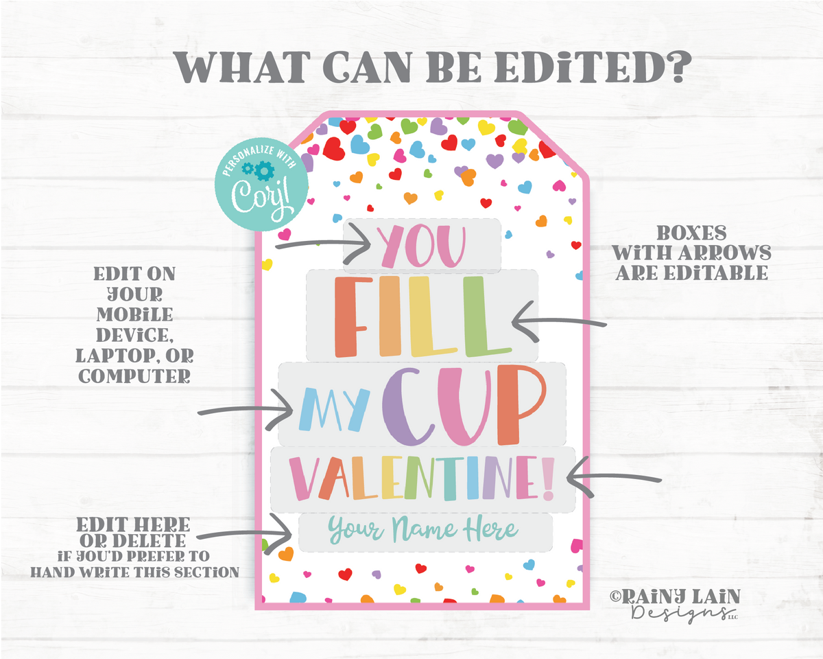 You Fill My Cup Valentine, Editable Valentine's Day Gift Tag, Mug, Reu ...