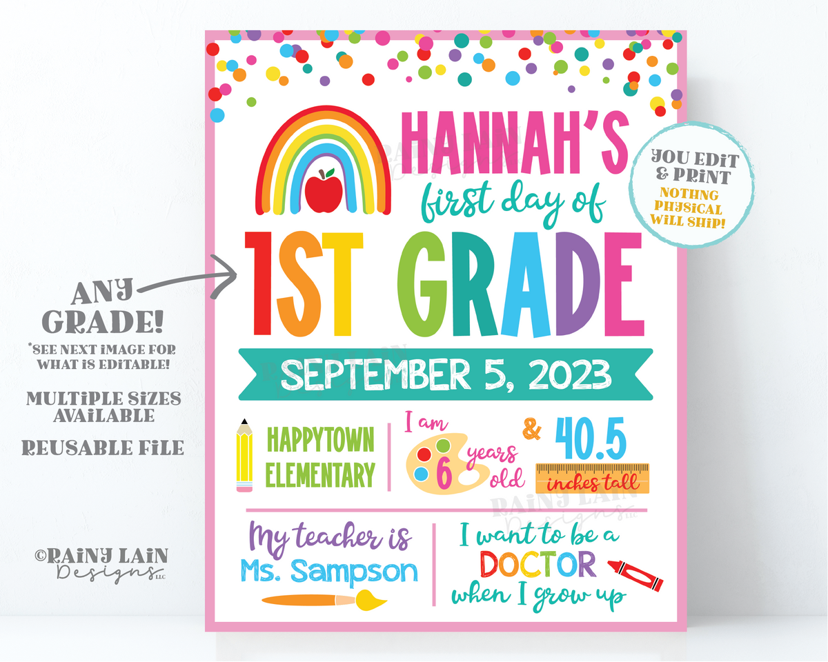 Editable 1st Day of School Sign Template Back to School Preschool Kind ...