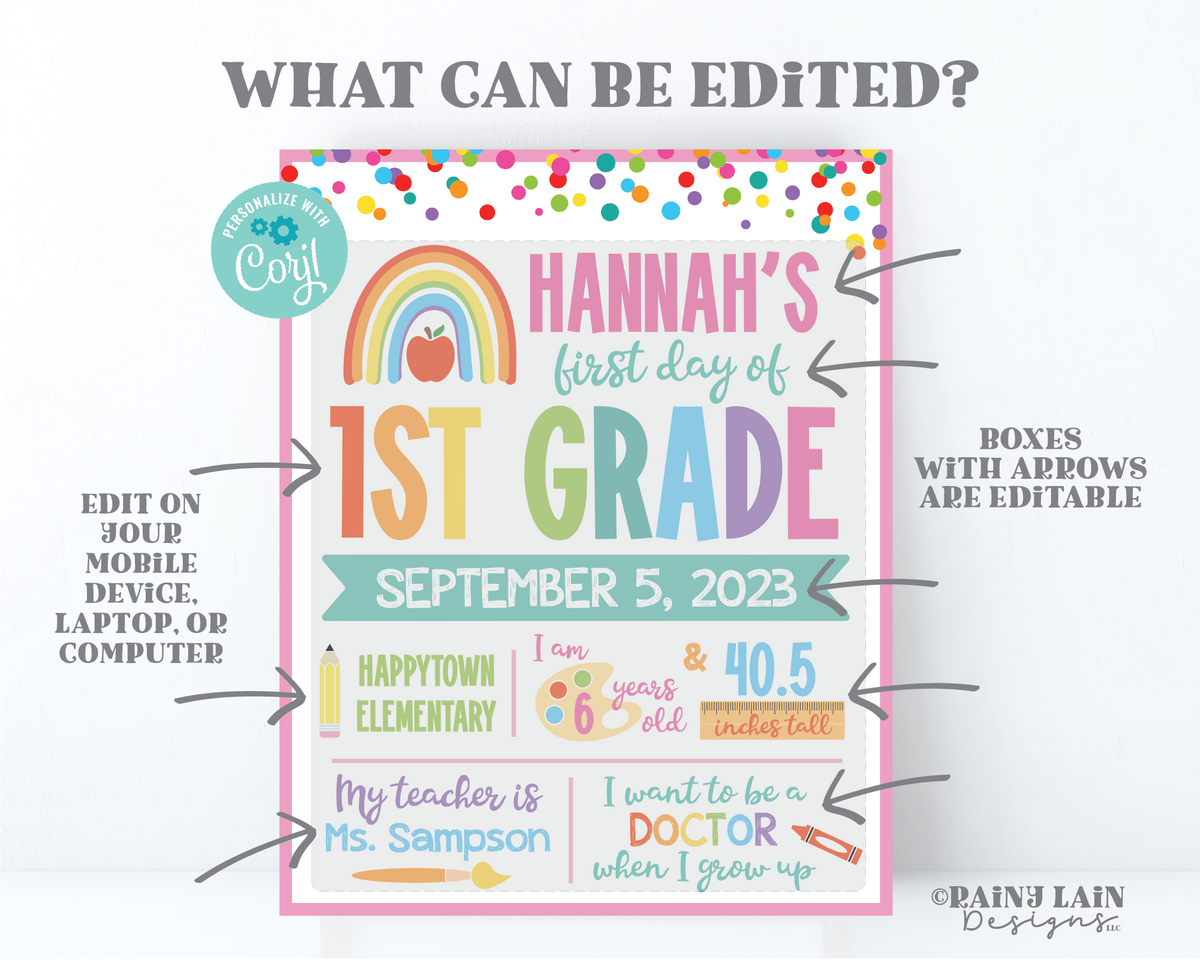 Editable 1st Day of School Sign Template Back to School Preschool Kind ...