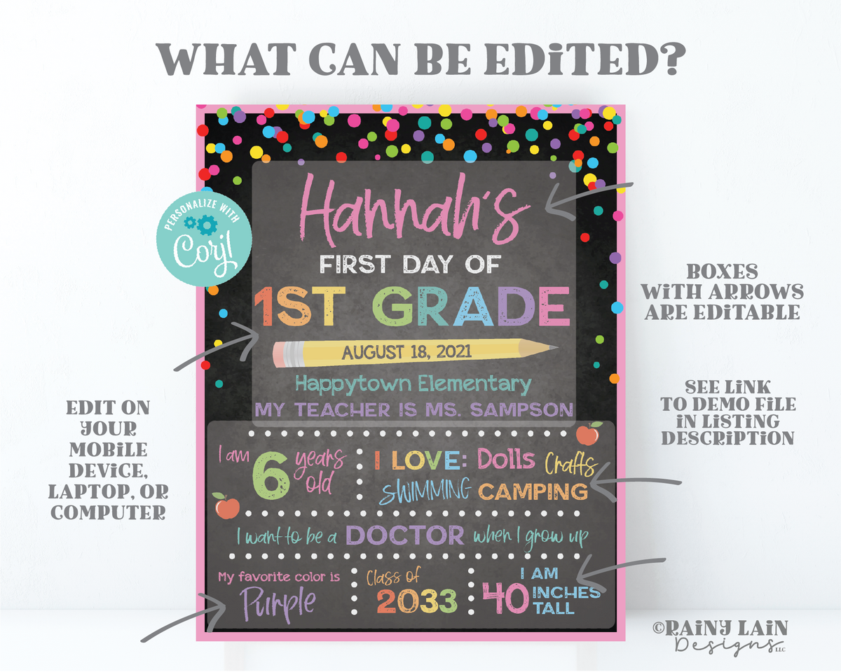 1st Day of School Sign Template Editable Back to School Picture Photo ...
