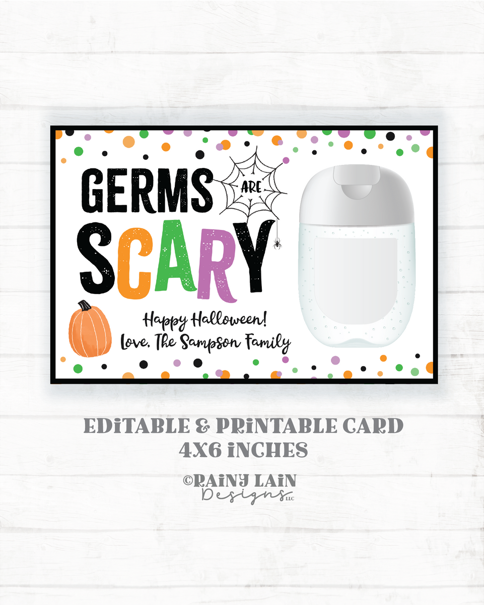 Germs are Scary Hand Sanitizer Card, Printable Halloween Gift Tag, Edi ...
