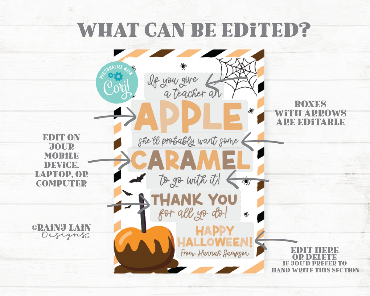 Editable Halloween Caramel Apple Tag, If you give a teacher an apple ...