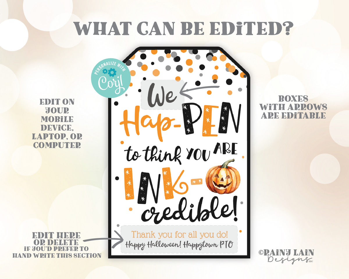 Ink Pen Gift Tags Hap-PEN INK-redible Printable Halloween Tags Editabl ...