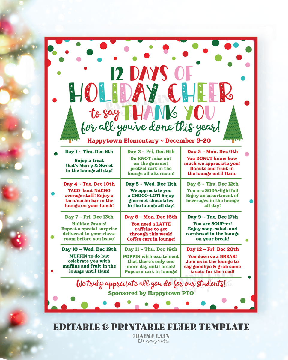 Editable Christmas Holiday Appreciation Flyer Template, 12 Days of Hol ...