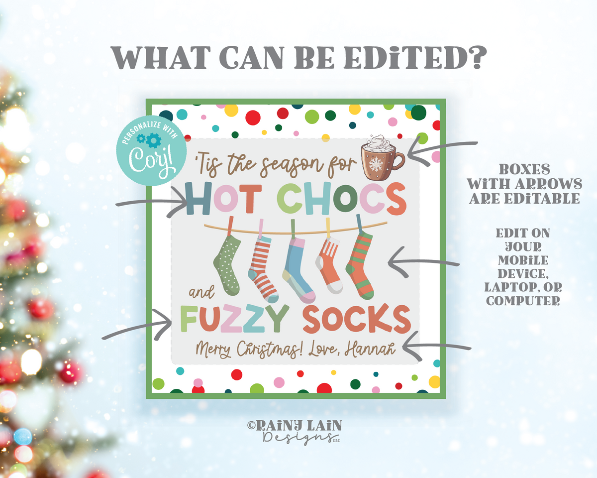 Editable Hot Chocs And Fuzzy Socks Christmas Gift Tag Template, Printa ...