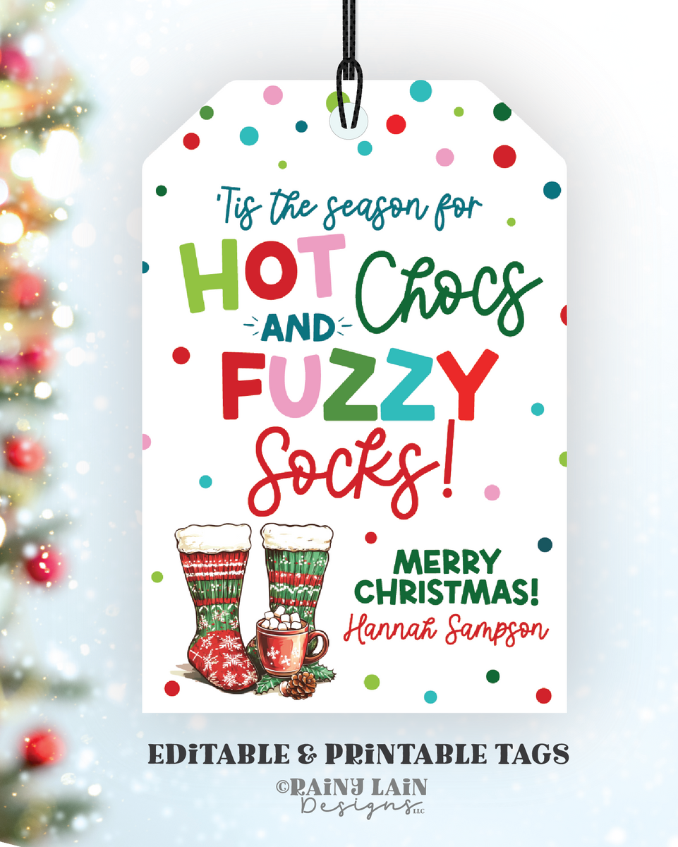 Editable Hot Cocoa and Socks Tag Template, Hot Chocs and Fuzzy Socks C ...