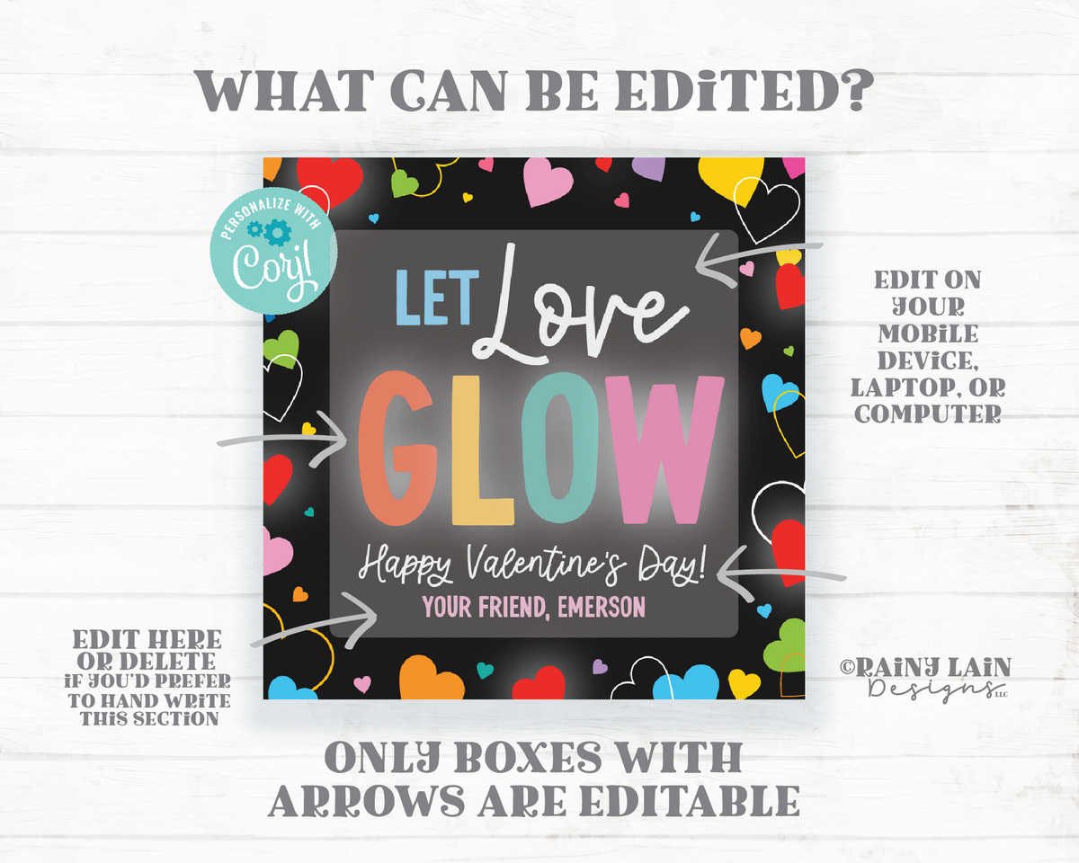 Let Love Glow Valentine, Glow Stick Bracelet, Editable Square, Gift Ta ...
