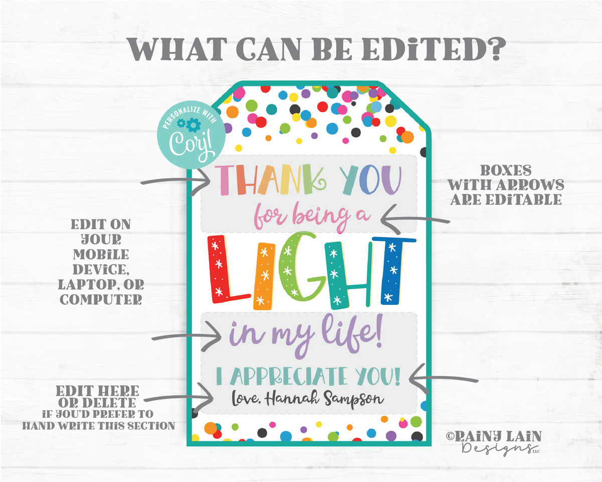 Thank you for being a light in my life Candle Tag, Lights Gift, Flashl ...