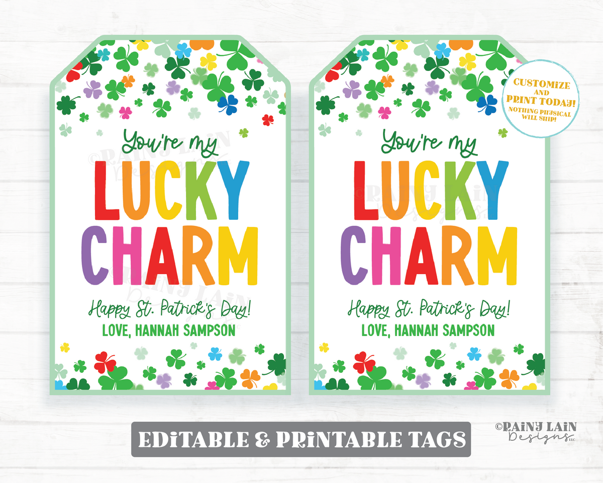 Lucky Charm Tag, St Patrick's Day Gift, Shamrock, Cereal, Preschool Cl ...