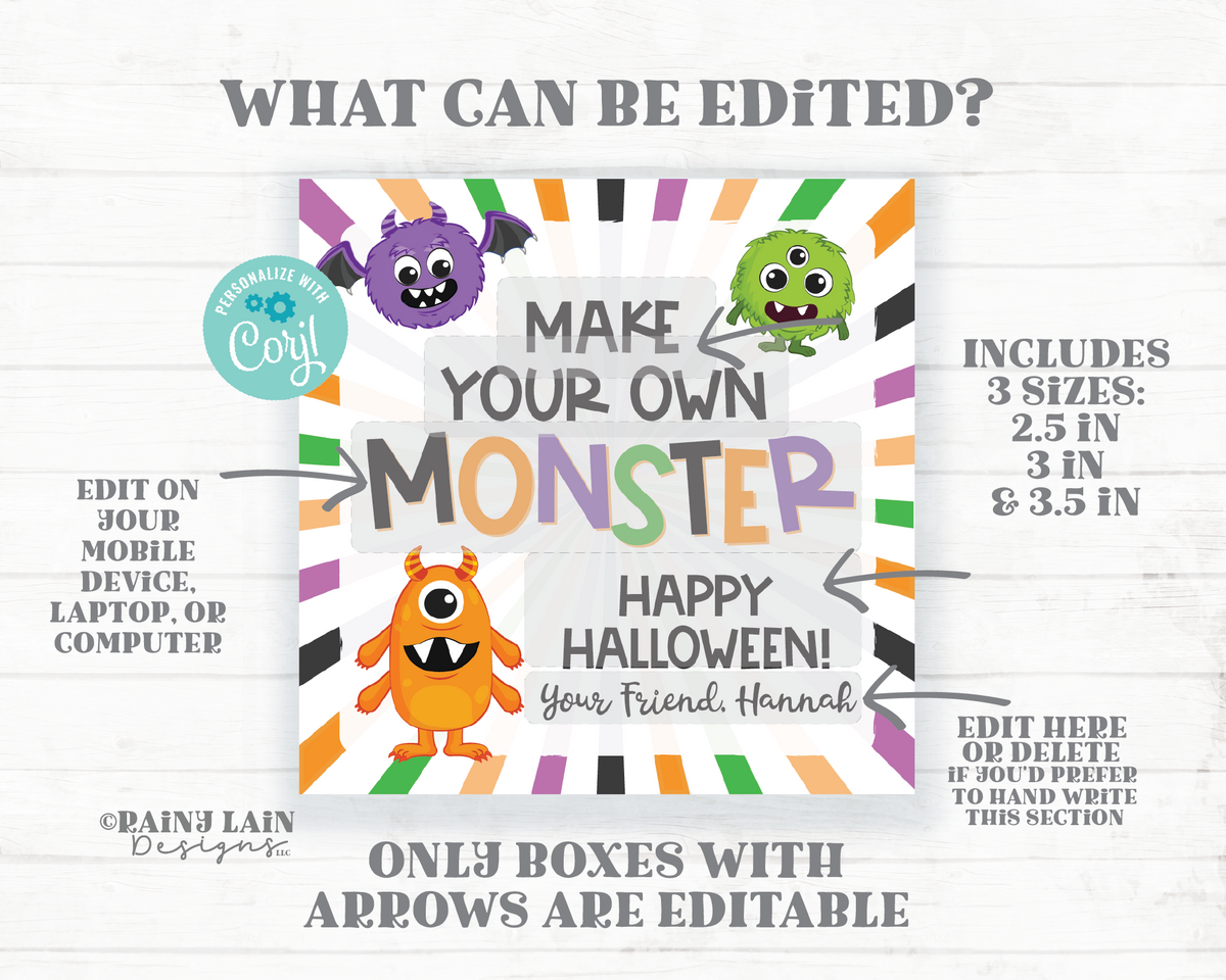Editable Make Your Own Monster Tag Printable Halloween Favor, Party, T ...
