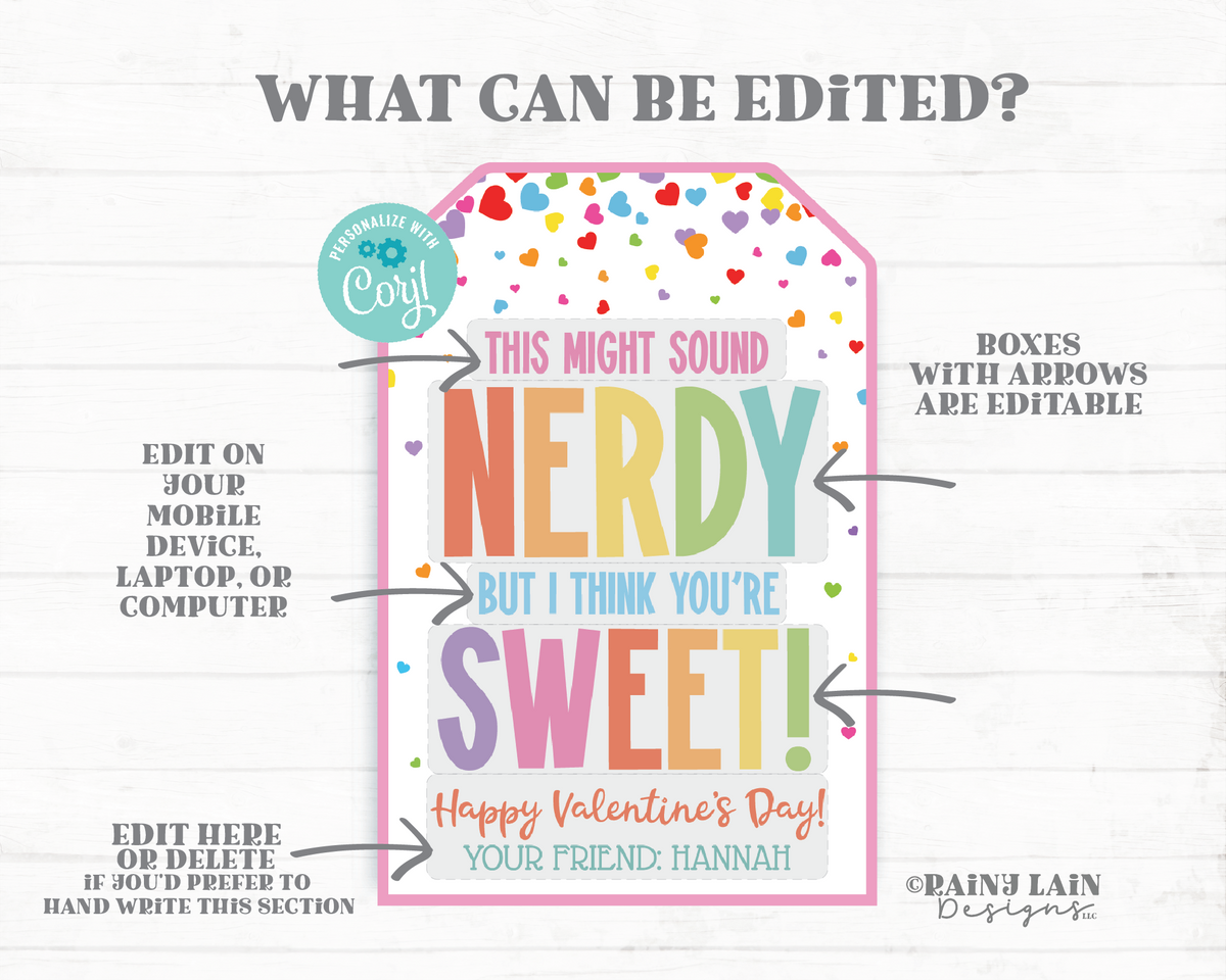 Cute Nerdy Valentine Tag, Editable Valentine, Nerd Valentines Day Gift ...