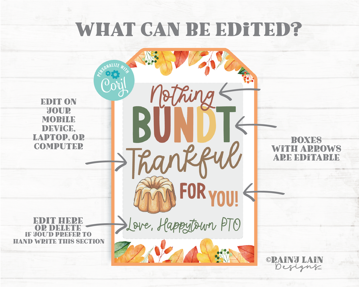 Editable Bundt Cake Tag, Fall Appreciation, Thanksgiving Nothing Bundt ...