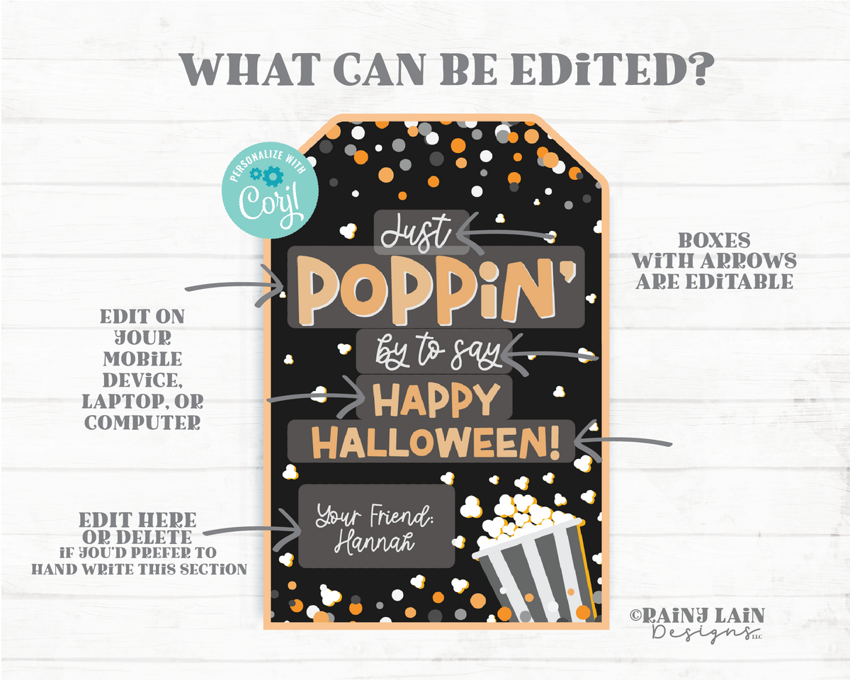 Halloween Popcorn Gift Tag, Editable Appreciation Pop By To Say Happy ...