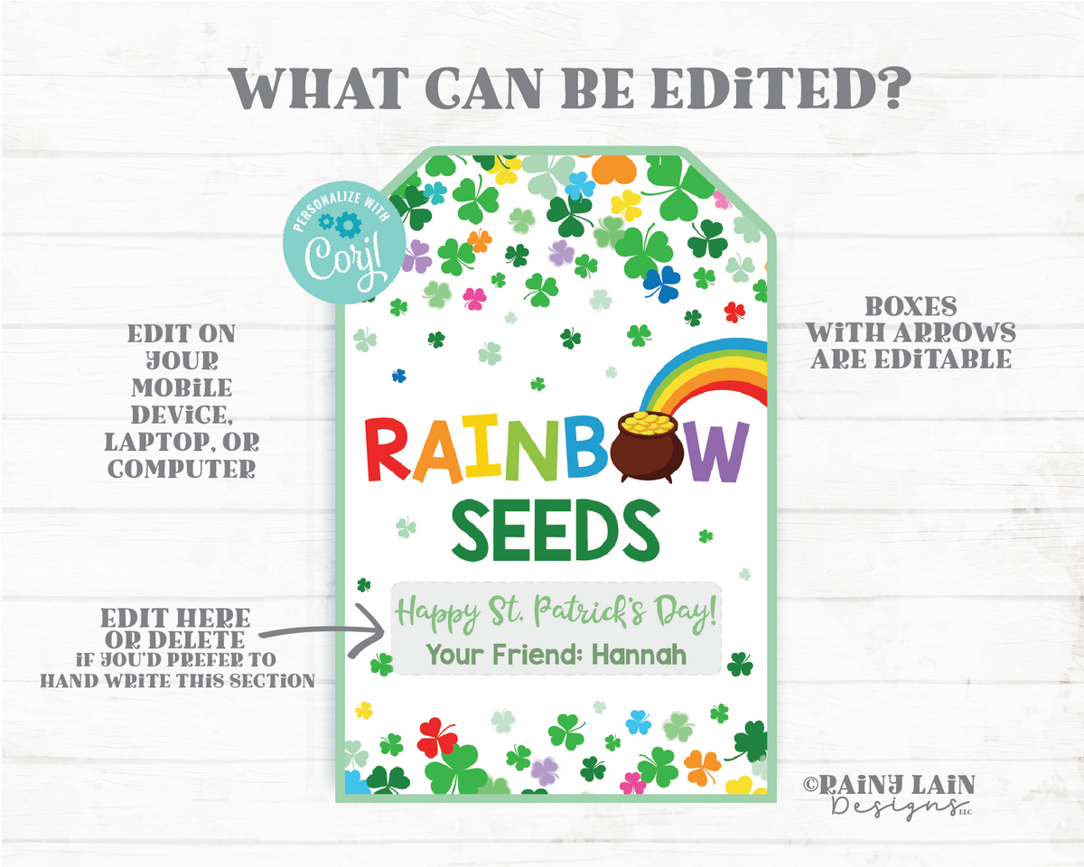 Rainbow Seeds Tag, St Patrick's Day Gift, Shamrocks, Candy, Pot of Gol ...