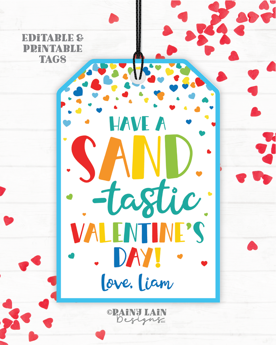 Sand-tastic Valentine Tag, Editable Kids Classroom Printable for Play ...
