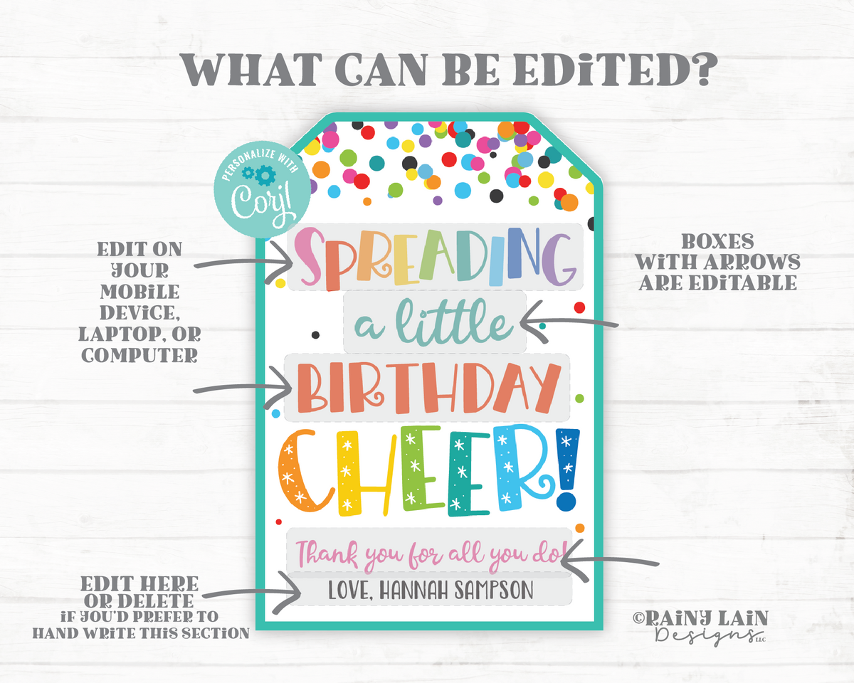 Spreading a Little Birthday Cheer Tags Editable Gift Tags Printable, R ...