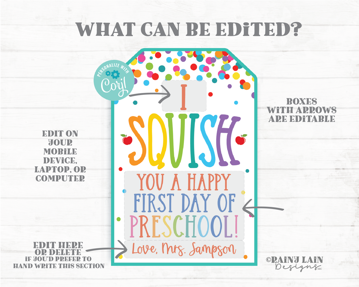 Squish You a Happy First Day of School Tag Editable Squishies Gift Squ ...