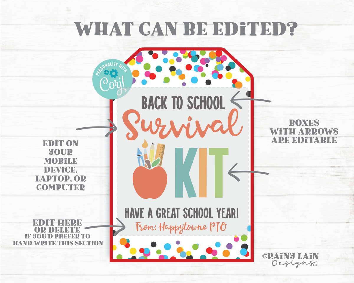 Back to School Survival Kit Tag Editable Emergency 1st Day of School G ...