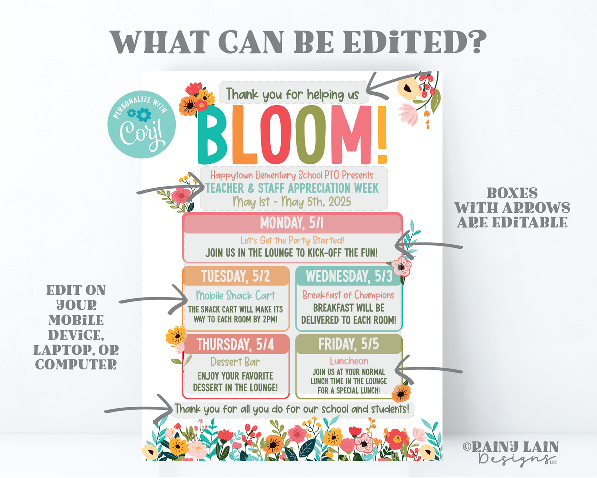 Editable Teacher Appreciation Week Flyer Template, Bloom, Grow, Floral ...