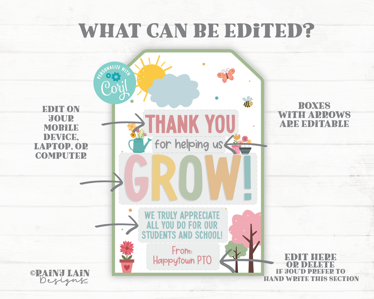 Teacher Appreciation Week Gift Tag, Grow Theme, Spring Garden Theme, E ...