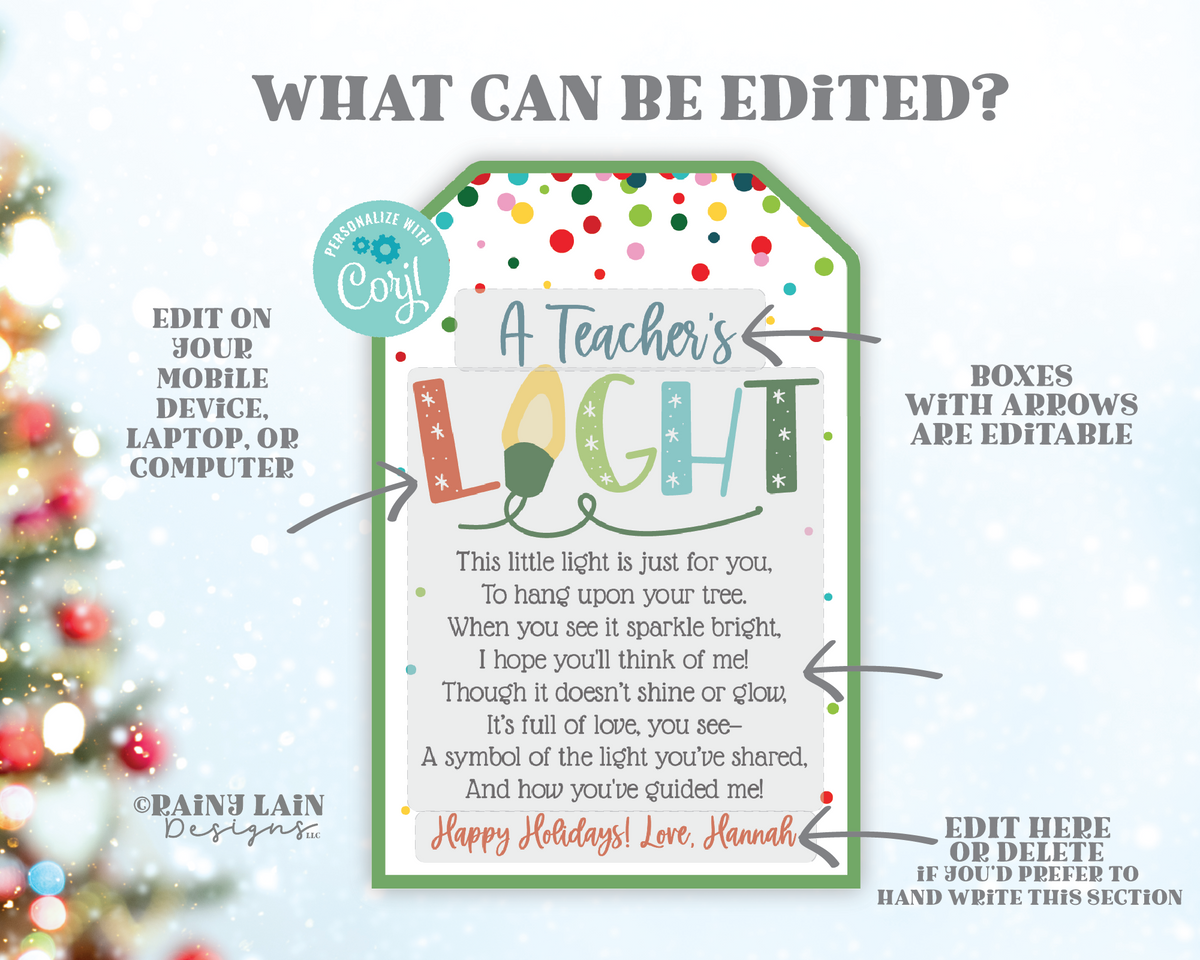 Editable A Teachers Light Gift Tag, Christmas Ornament, Paraeducator ...