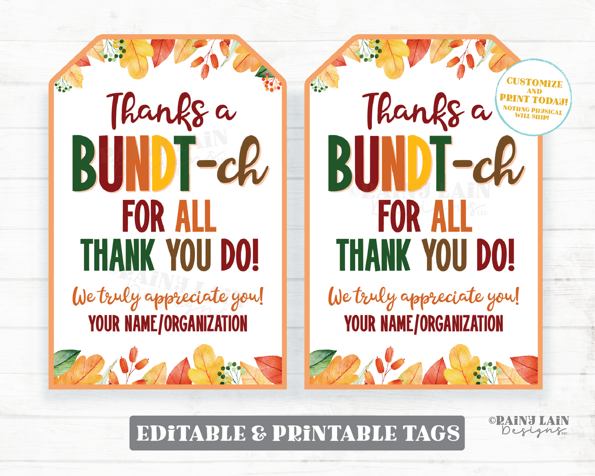 Bundt Cake Gift Tag Thanks a Bundt-ch for all You do Bundt'ch Homemade ...