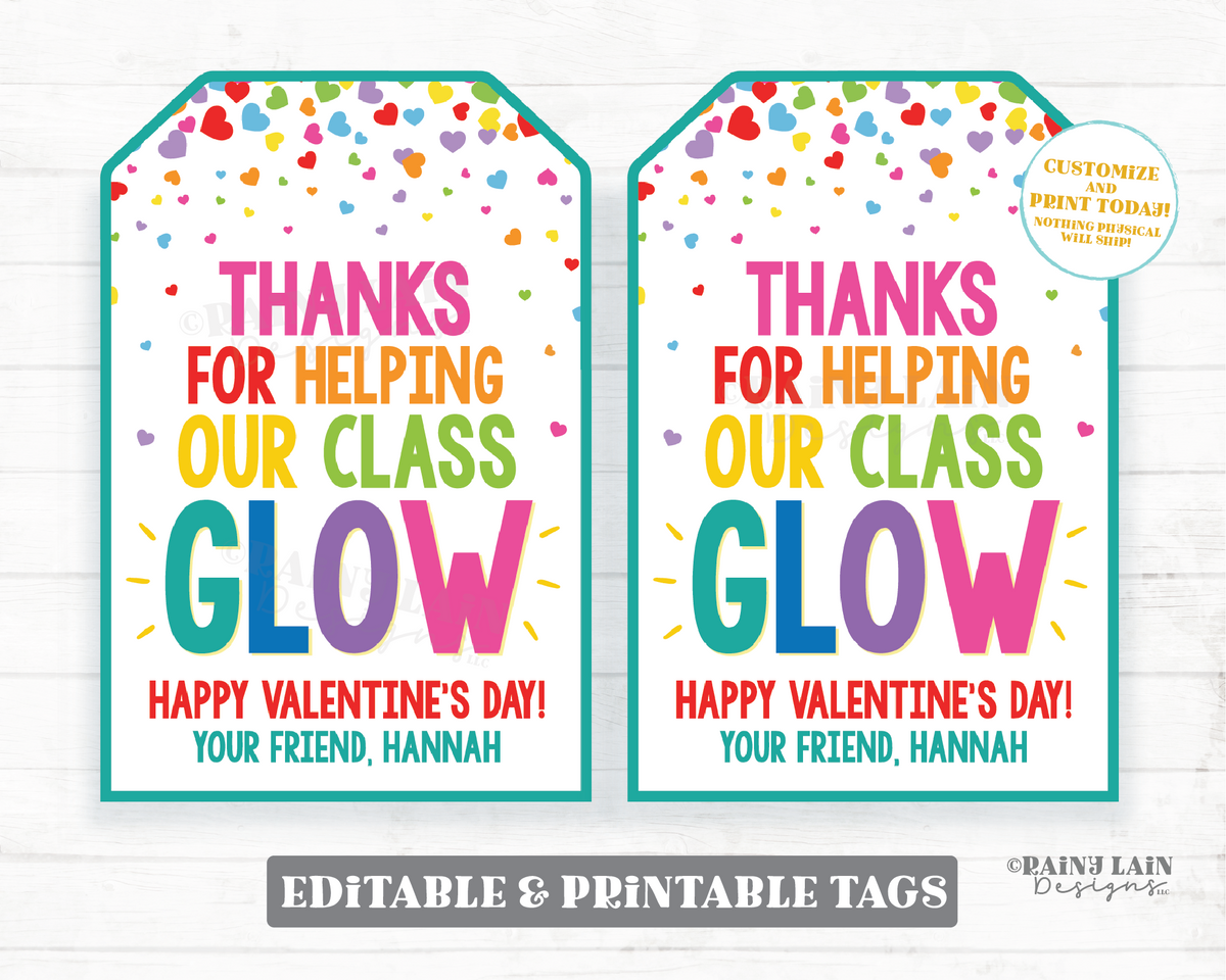 Glow Valentine, Thanks for Helping Our Class Glow Tag, Glow Stick, Lit ...