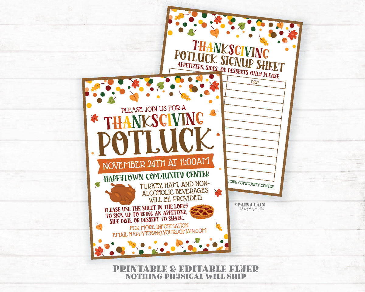 Thanksgiving Potluck Flyer and Signup Sheet Template, Editable Invitat ...