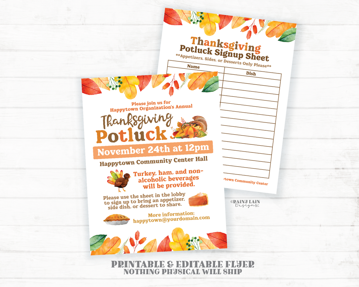 Editable Thanksgiving Potluck Flyer, Signup Sheet Template, Printable ...
