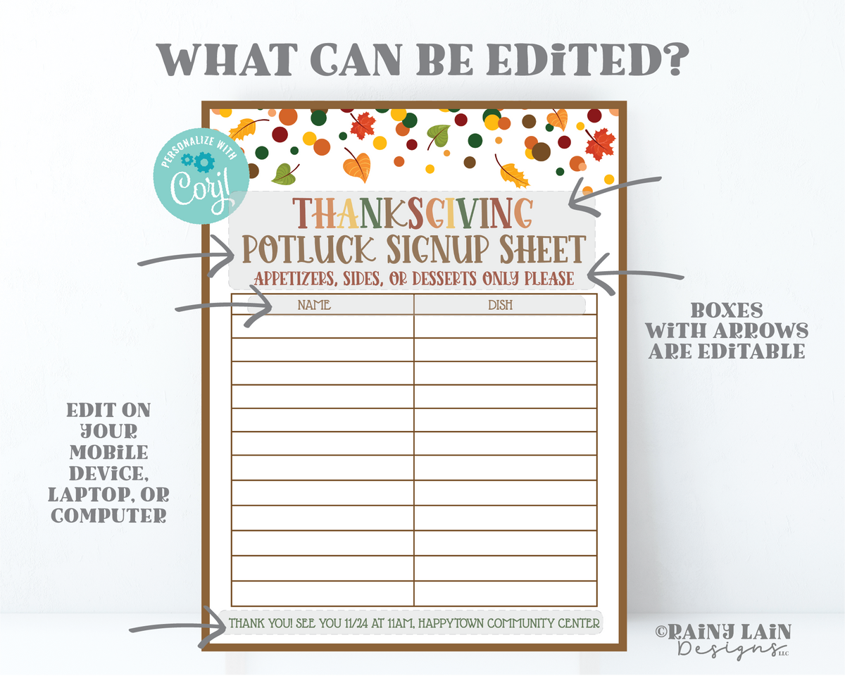 Thanksgiving Potluck Flyer and Signup Sheet Template, Editable Invitat ...