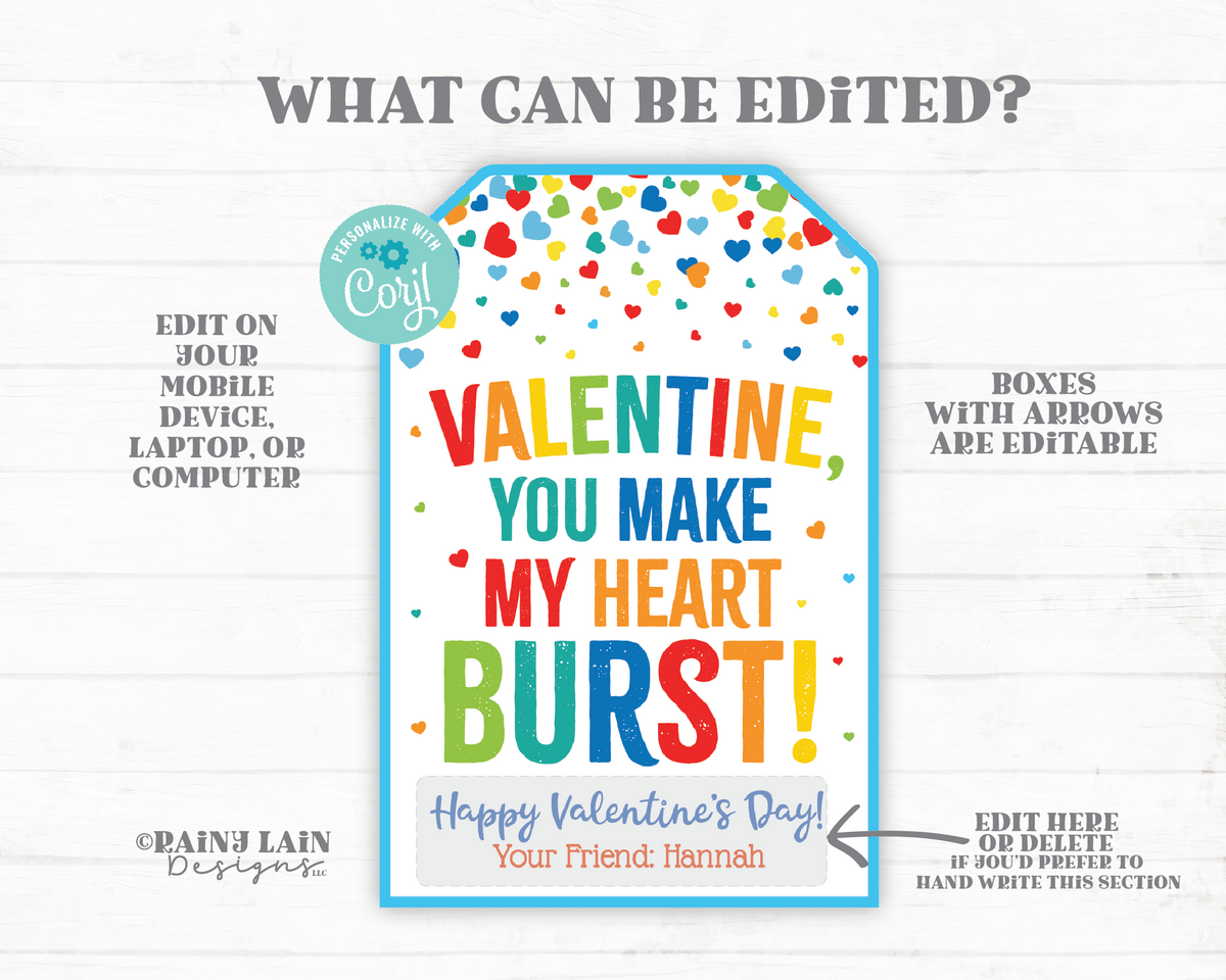 Heart Burst Valentine Gift Tag, Easy Class Valentine, Candy, Preschool ...