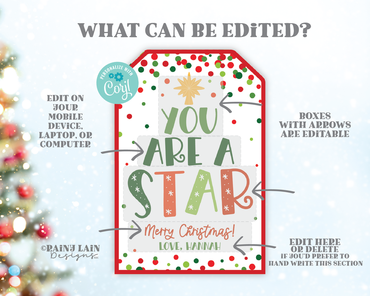 Editable You are a Star Gift Tag Printable Christmas Appreciation, Emp ...