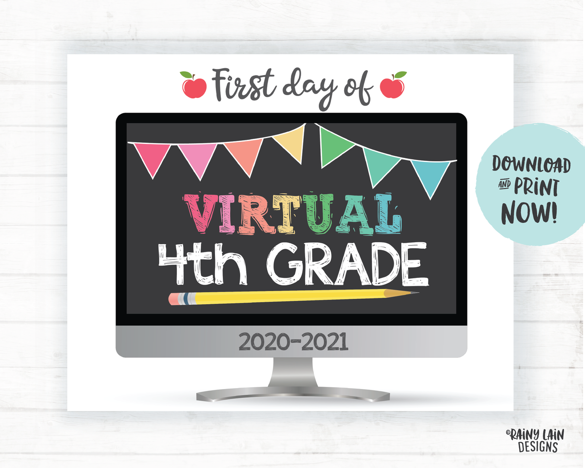 First Day of Virtual 4th grade Sign, First Day of Distance Learning Si ...