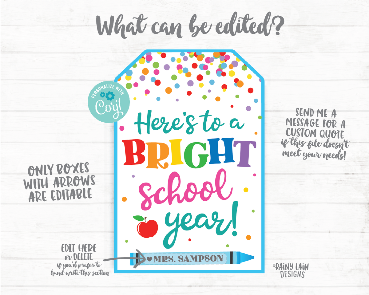 Here's to a Bright School Year Tags, First Day of School Tags, Back to ...