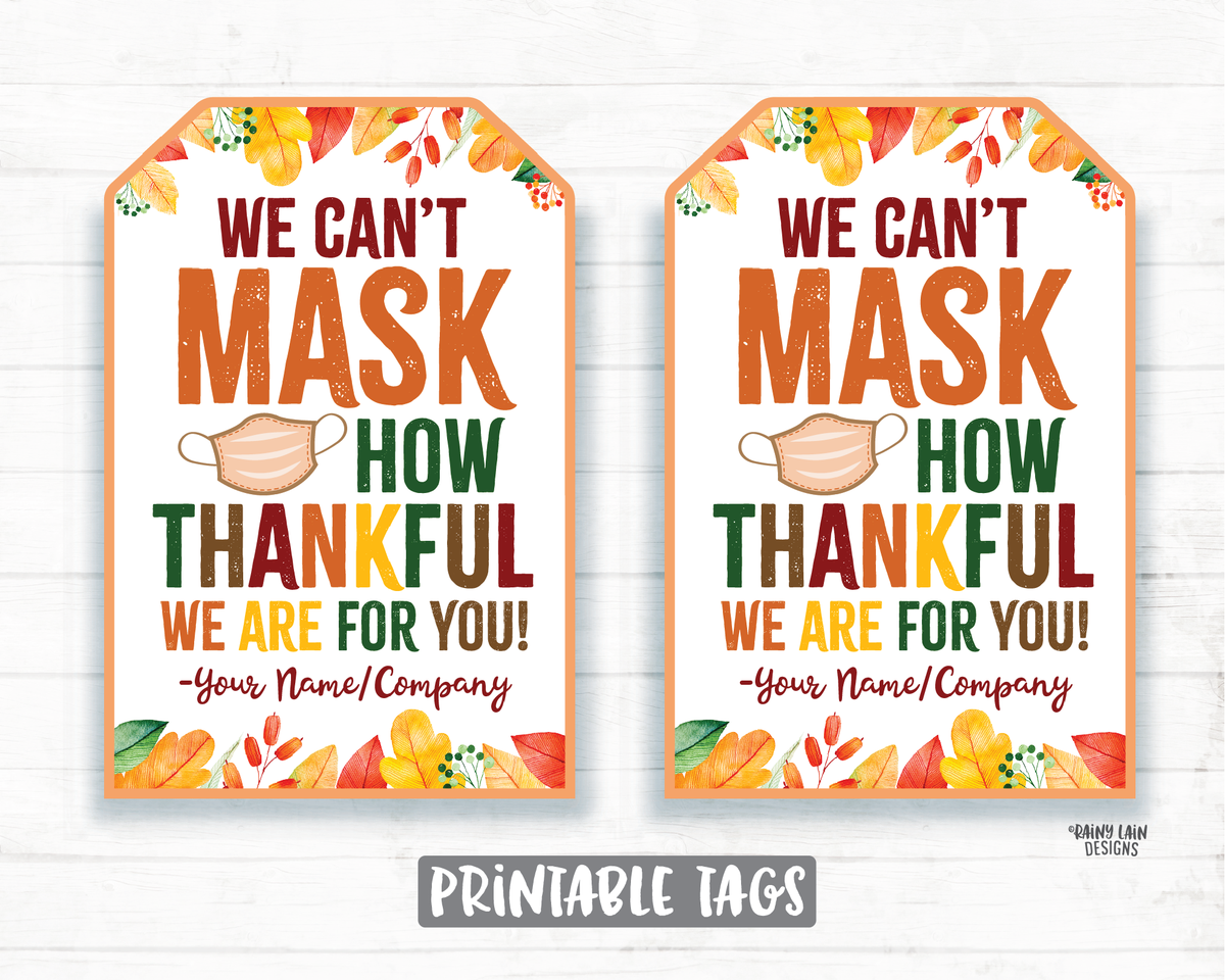 Can't Mask Thankful Face Mask Gift Tag Thanksgiving Tags Employee Appr ...
